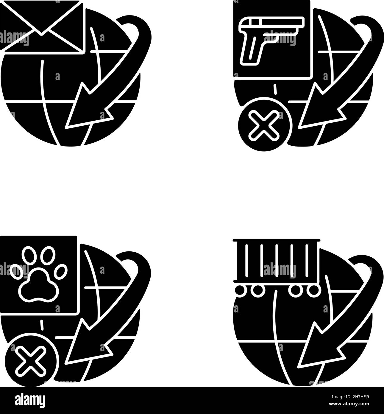 International shipment service rules black glyph icons set on white ...
