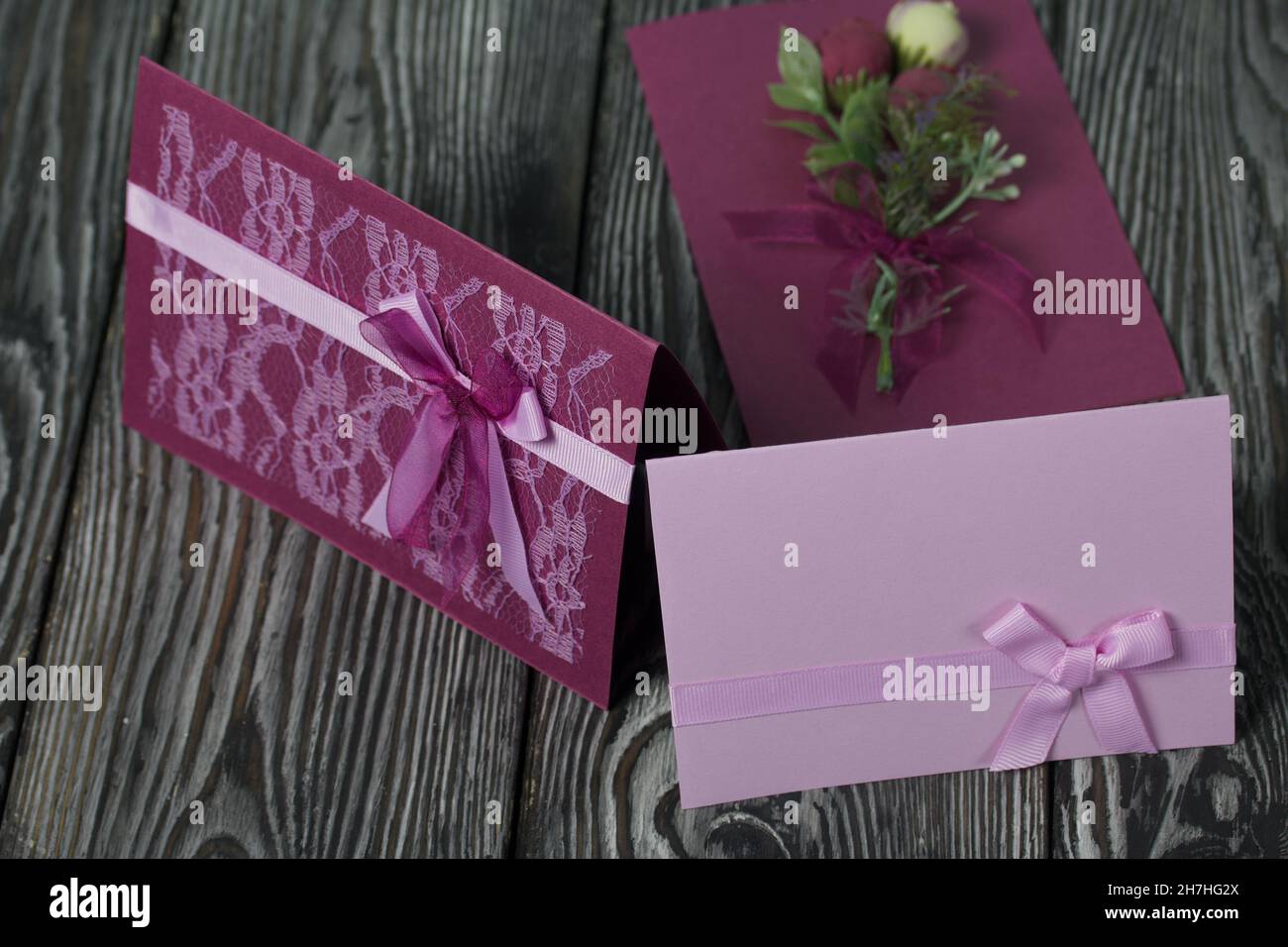 Making greeting cards. Paper blanks, ribbons and lagurus branches. They ...
