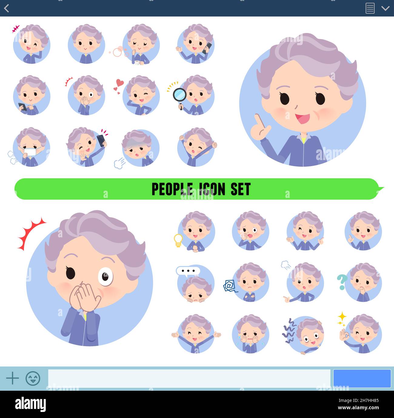 A Set Of Elderly Women In Blue Jerseys With Expresses Various Emotions