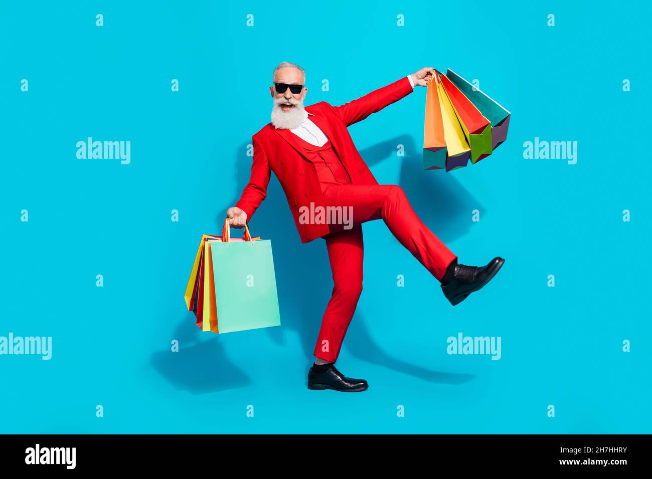 Full length body size photo aged man keeping bags shopping mall happy ...