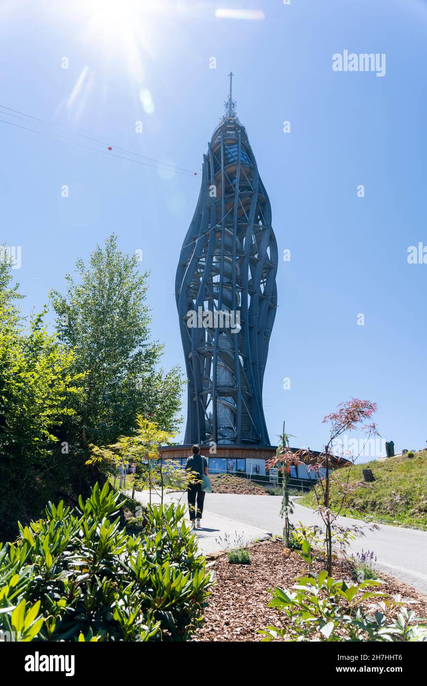 View to the observation tower Pyramidenkogel, Carinthia, Austria Stock ...