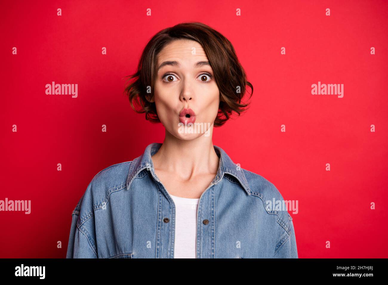 Photo of hooray brunette millennial lady wear jeans shirt isolated on ...