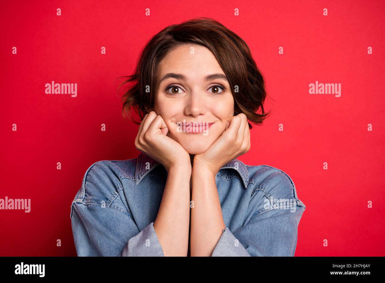 Photo of smart brunette millennial lady hands face wear jeans shirt ...