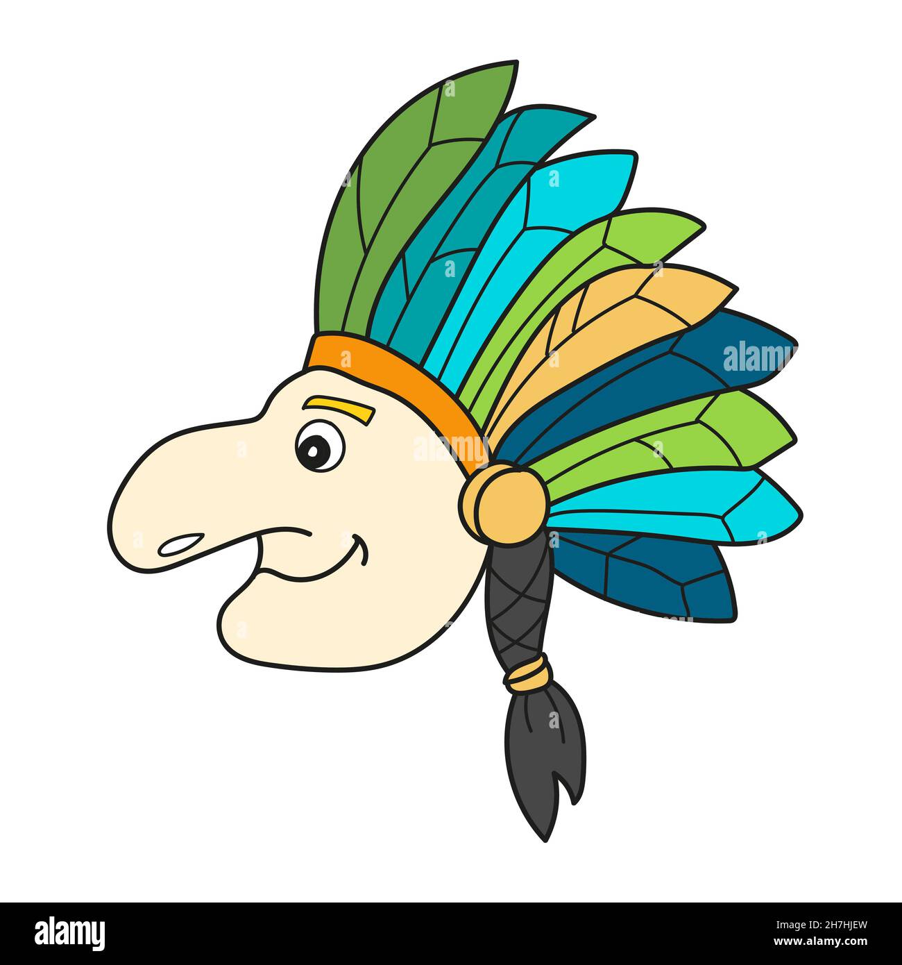 Simple cartoon icon. Native Indian man with feather headdress on white ...