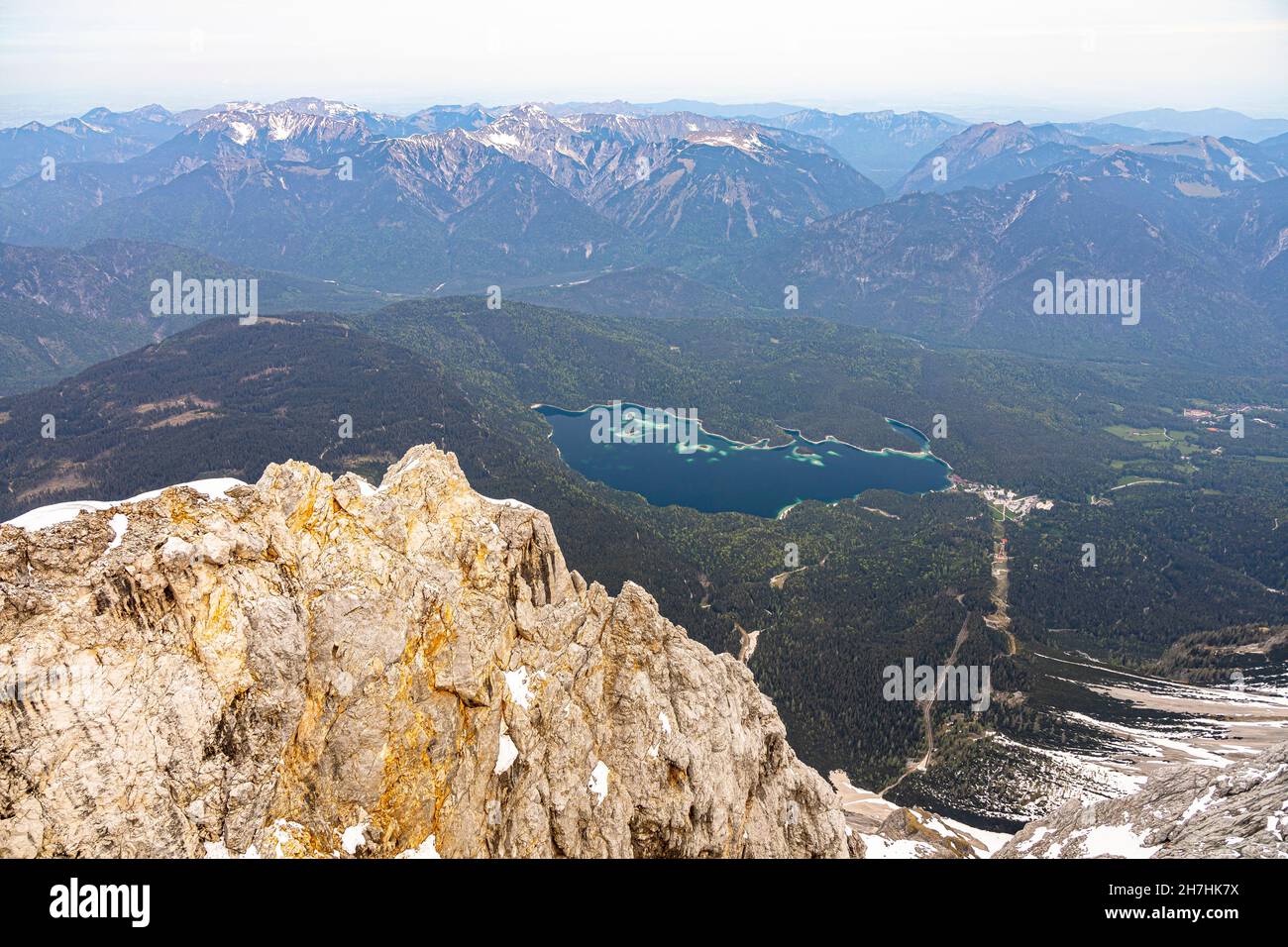 View from Zugspitze summit to the turquoise blue Eibsee, Grainau, Upper ...