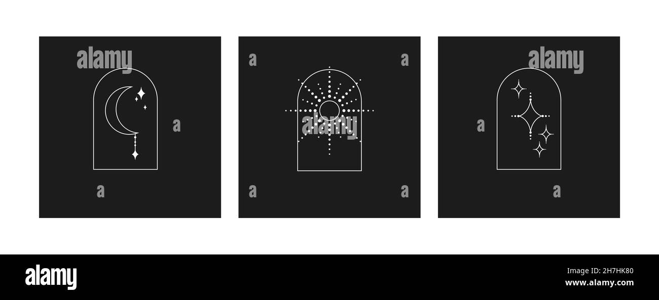 Mystical line art vector cards with moon, sun, stars signs and symbols ...