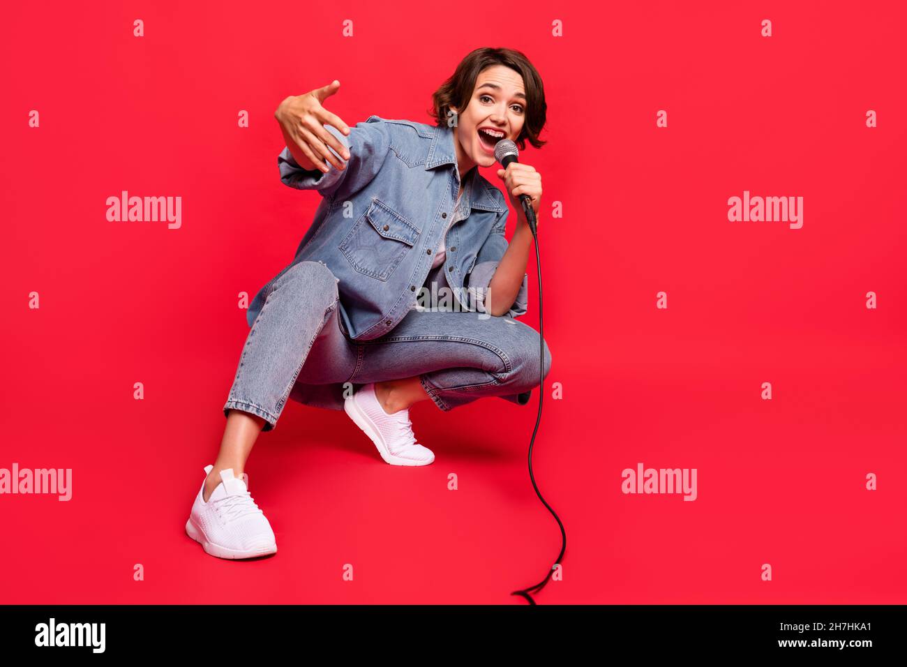 Full size photo of young woman happy positive smile singer rapper ...