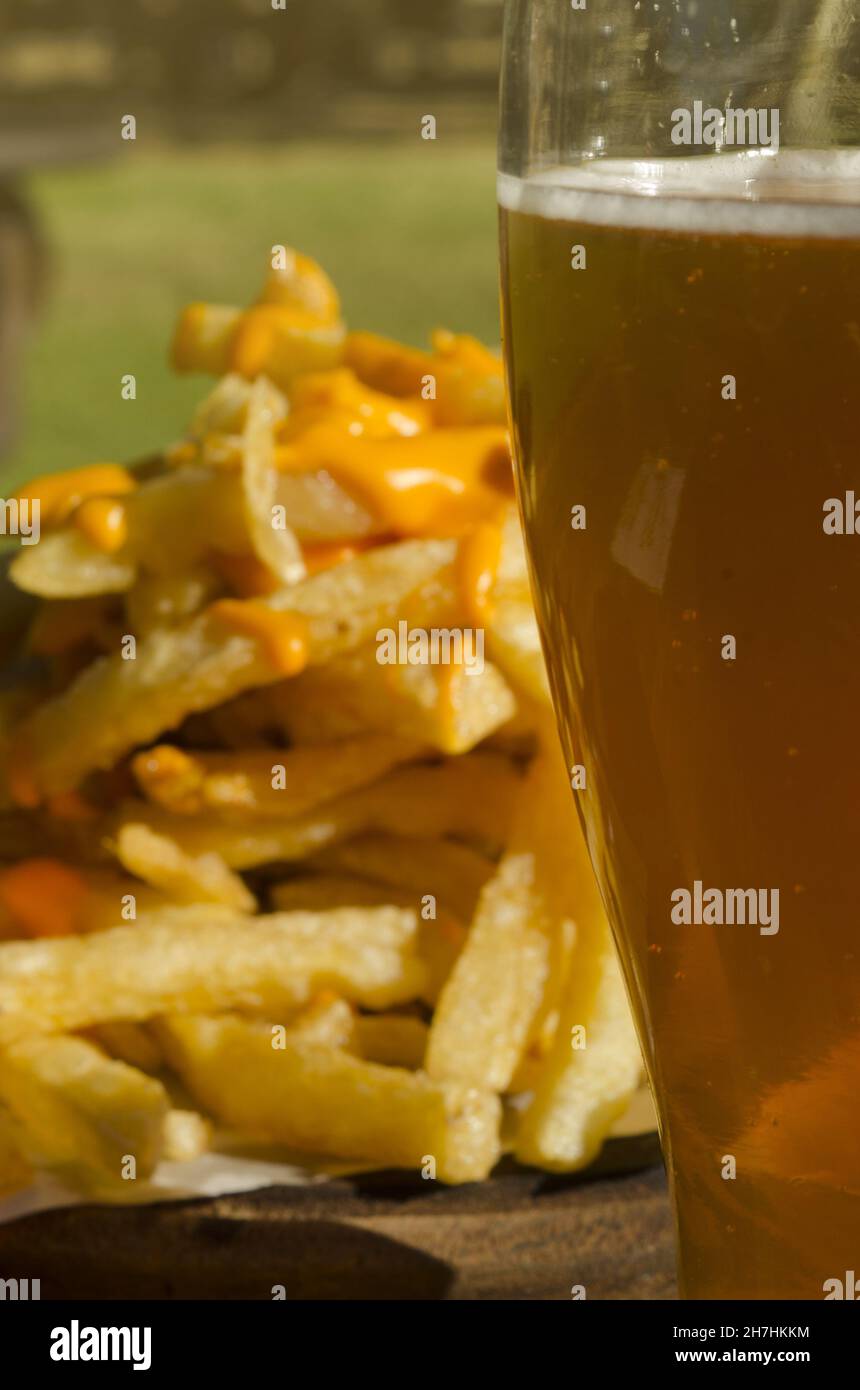 Craft beer. Open-air glass with a portion of fries, a pint of craft ...