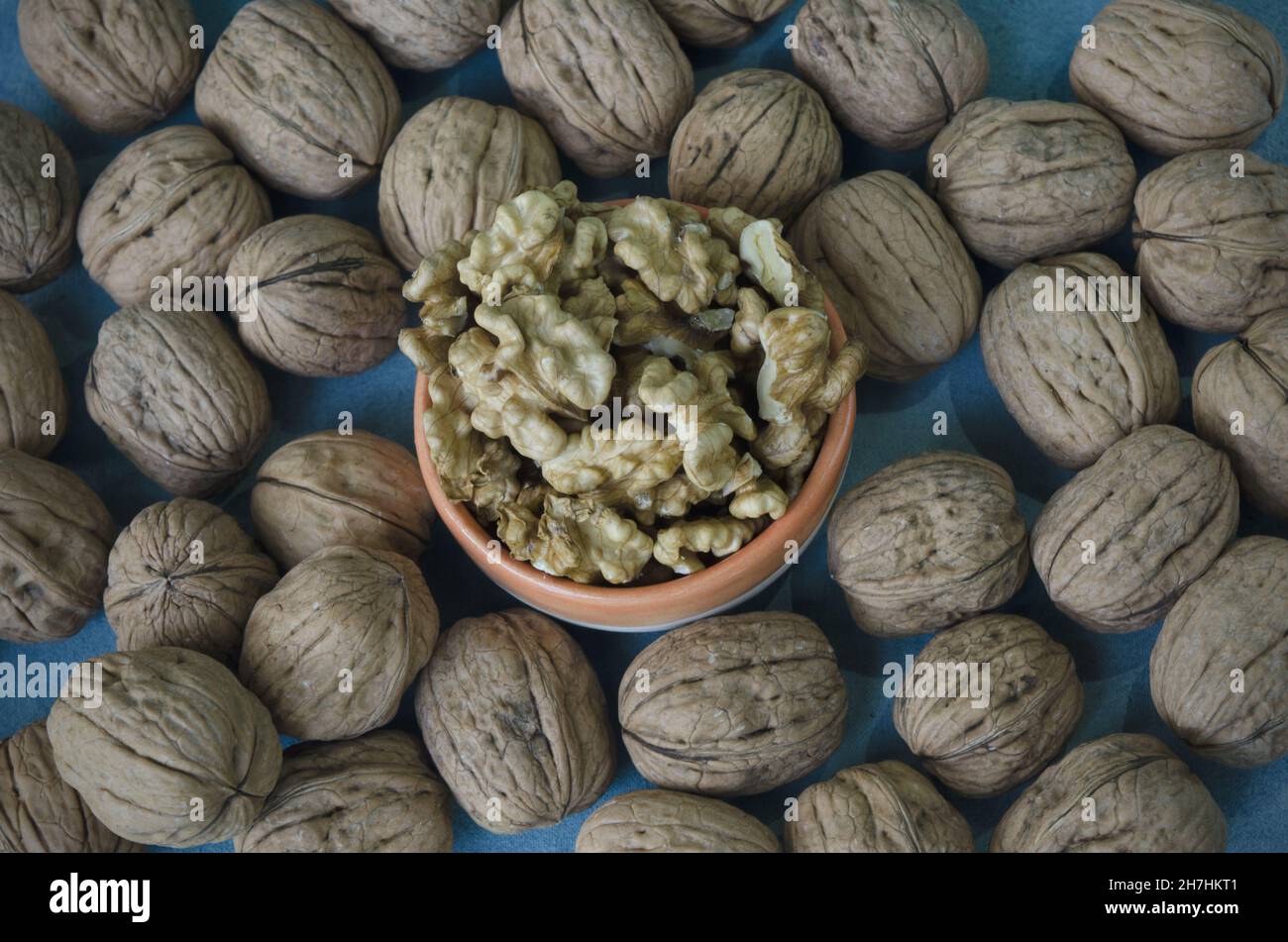 Walnuts with and without shell, the uniform background Stock Photo - Alamy