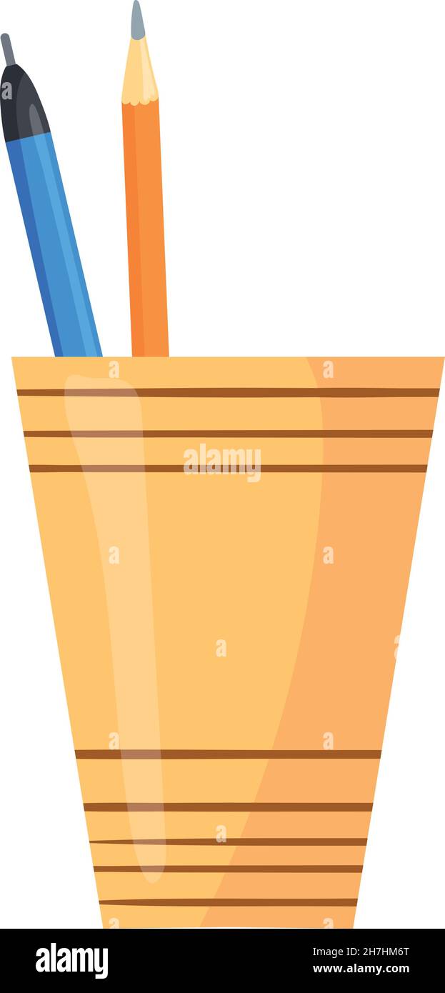 Glass with pencil and pen. Yellow kick for writing utensils, cartoon ...