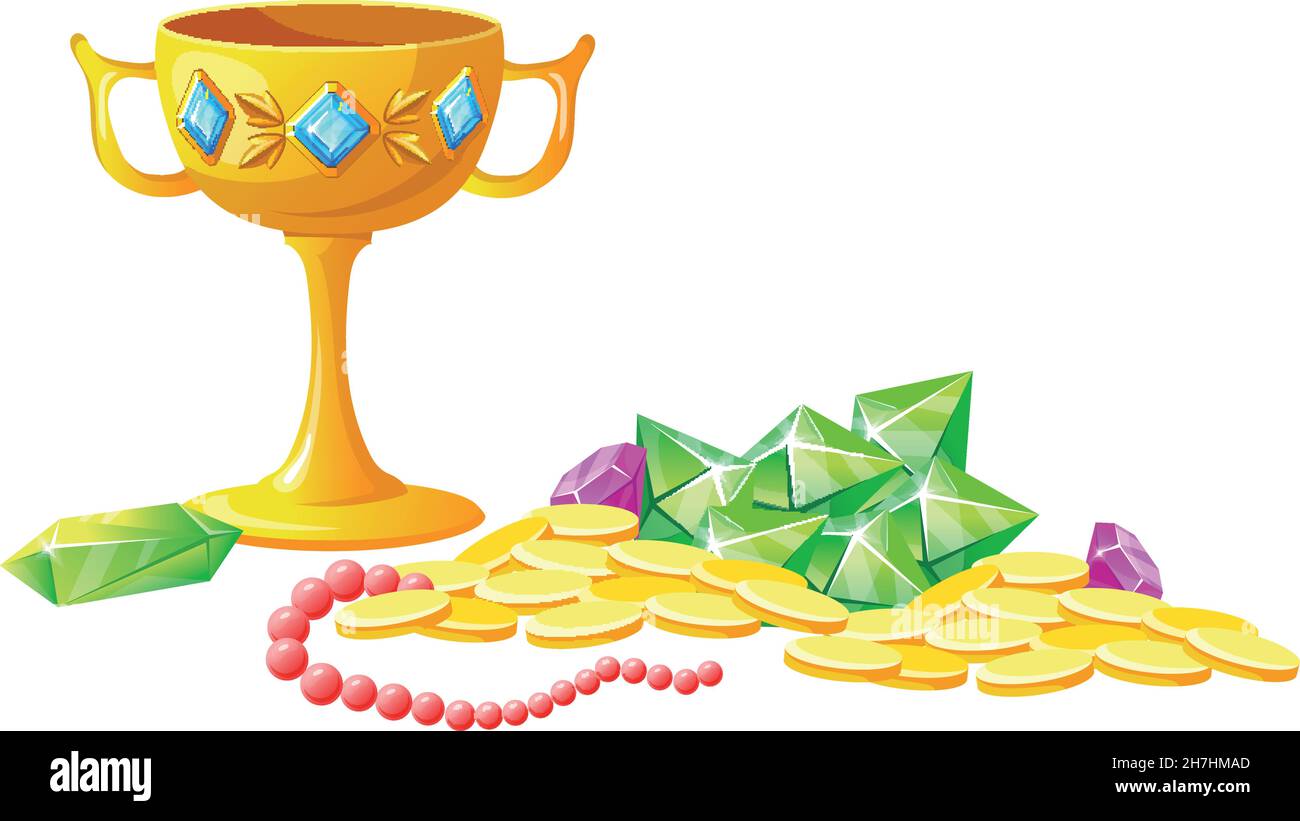Gold cup with treasures. Golden coins and pile gemstones, heap diamonds ...