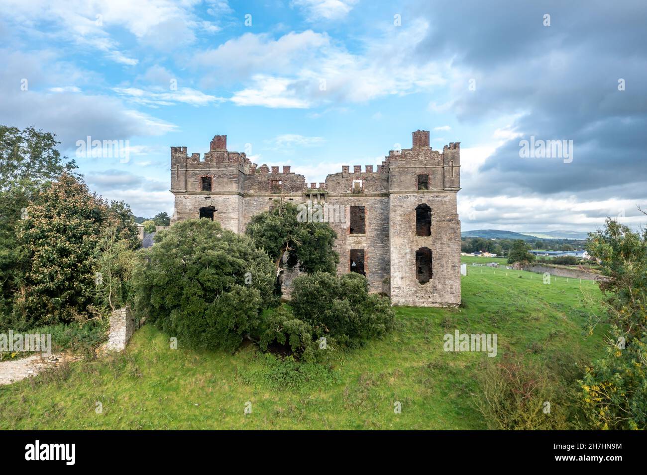 Aerial view of the historic town of Raphoe and the castle remains in ...