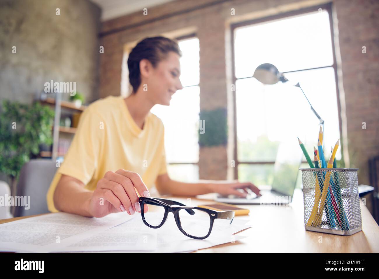 Profile Side View Portrait Of Attractive Focused Cheery Girl Using