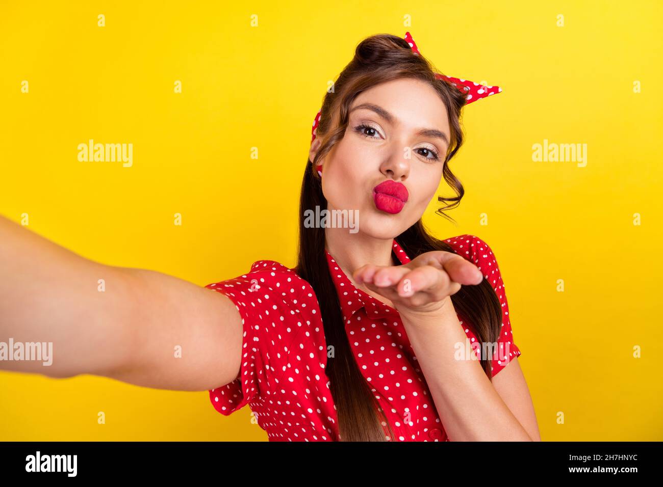Photo of charming flirty young lady wear dotted outfit tacking selfie ...
