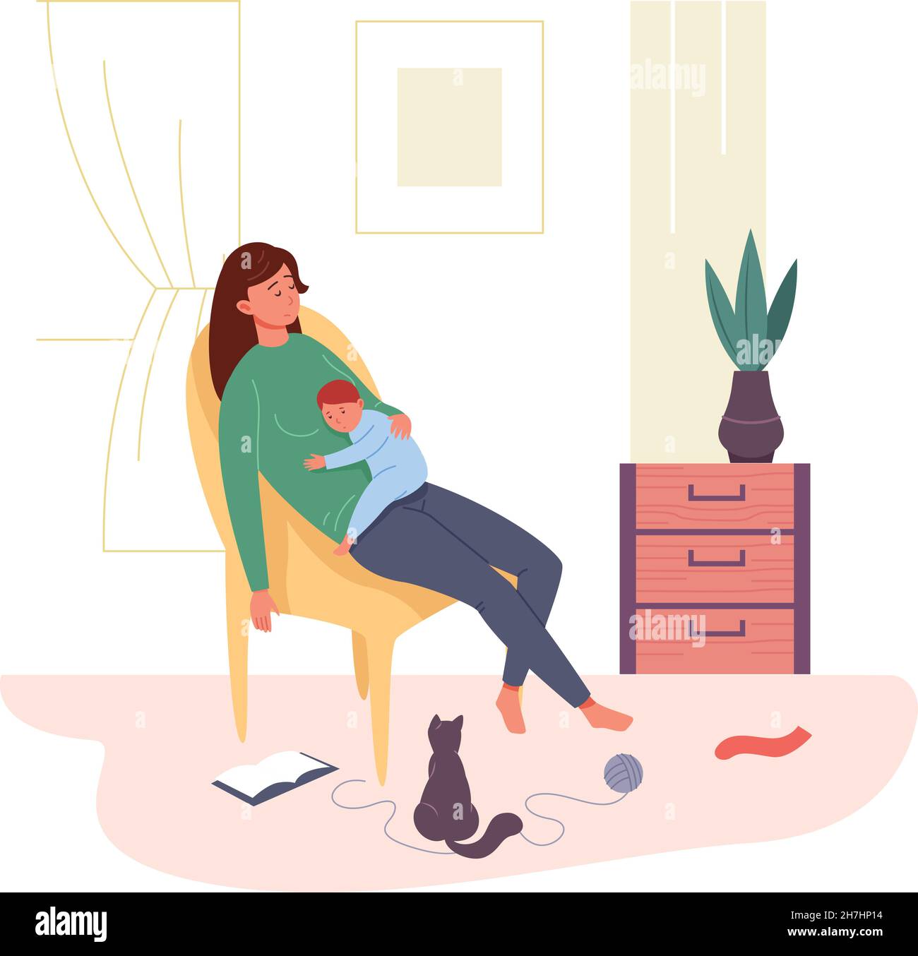 Mom fell asleep with baby. Tired sleepy mom holding infant, vector ...