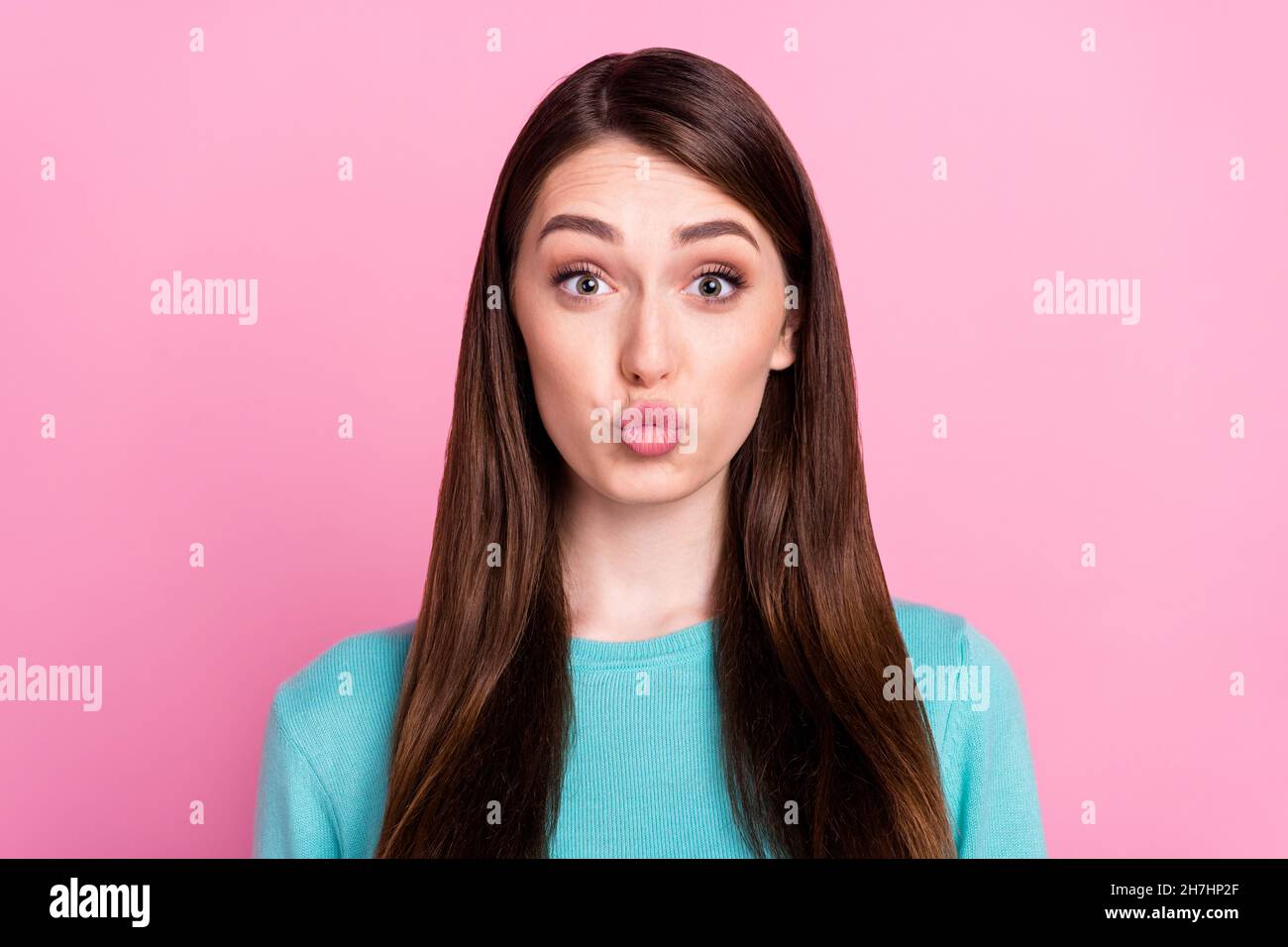 Photo of positive flirty happy young woman send air kiss good mood ...
