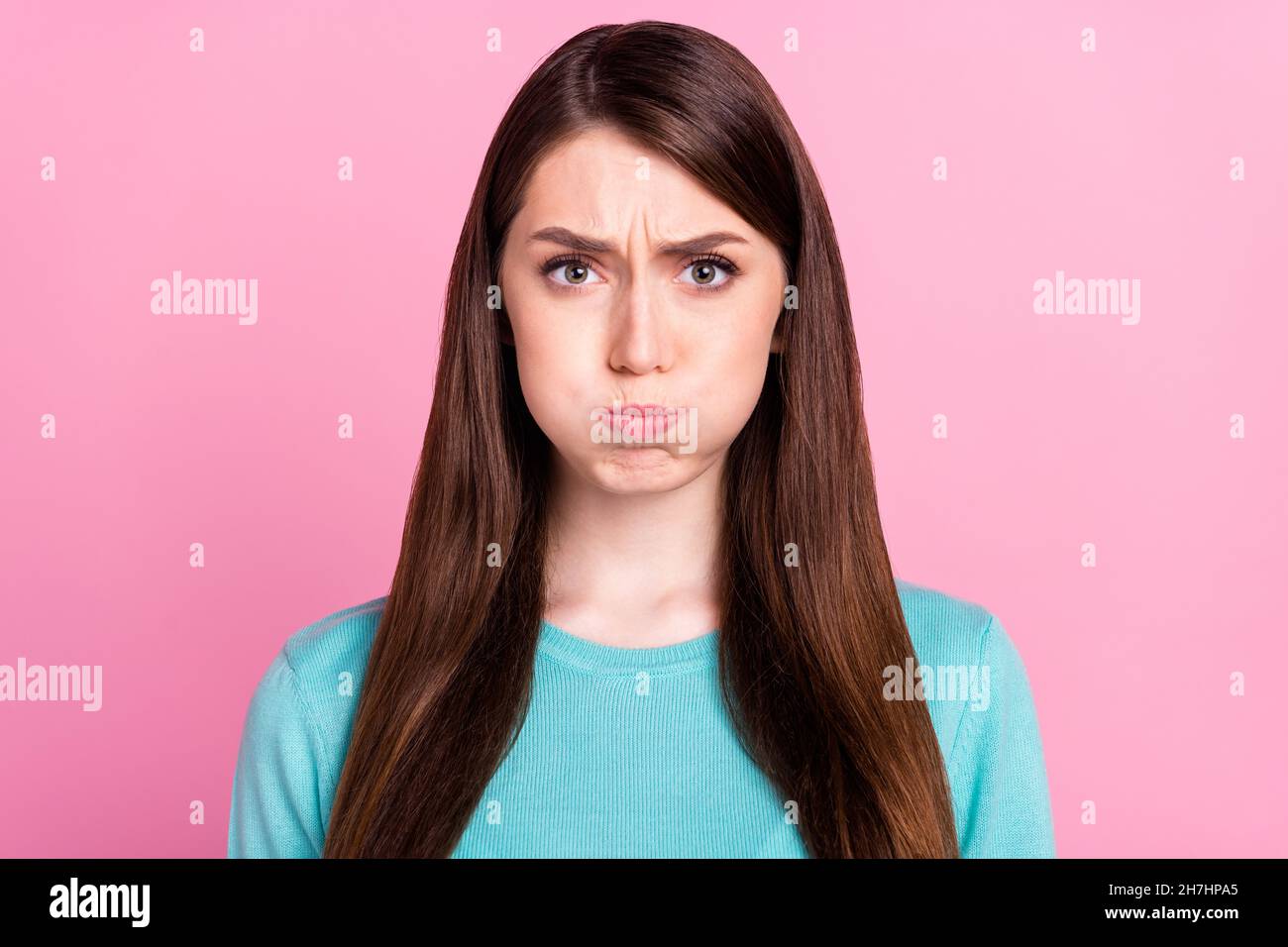 Photo of unhappy young stressed woman hold breath cheeks face isolated ...