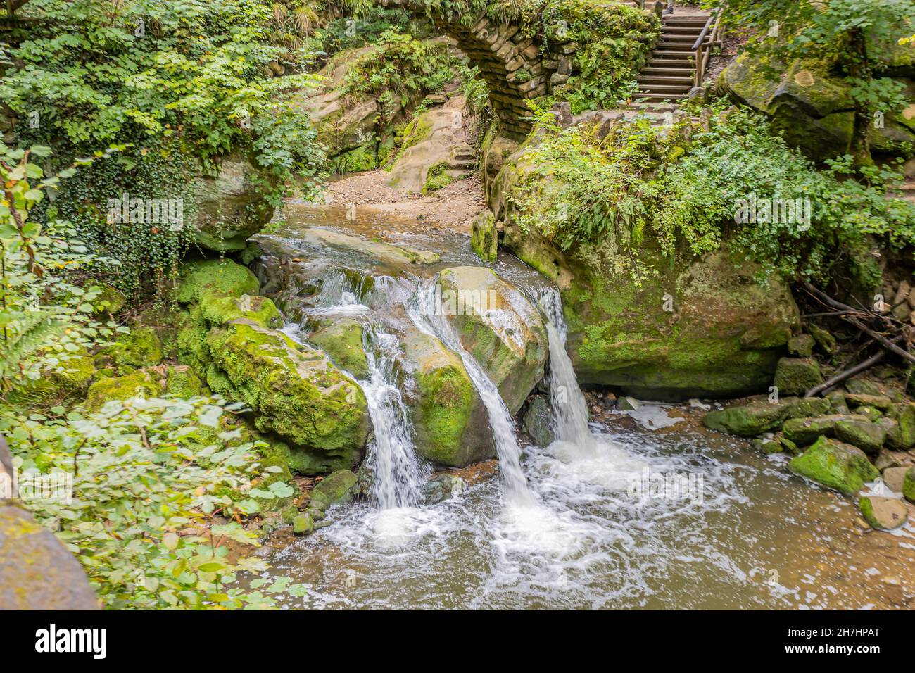 Top view of the Schiessentümpel waterfall with clear water flowing ...