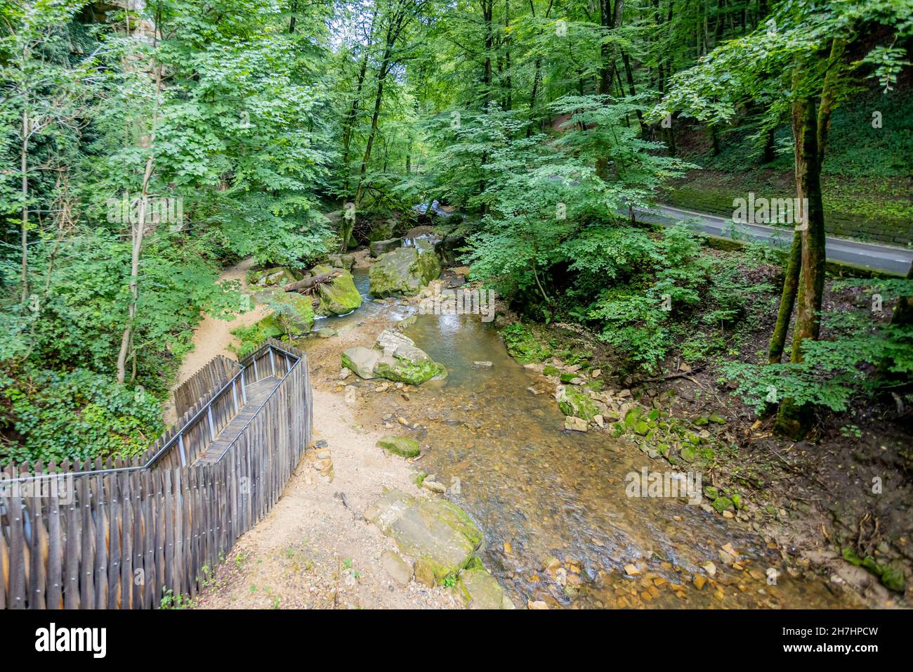 Black Ernz river seen from a higher perspective, crystal clear water ...