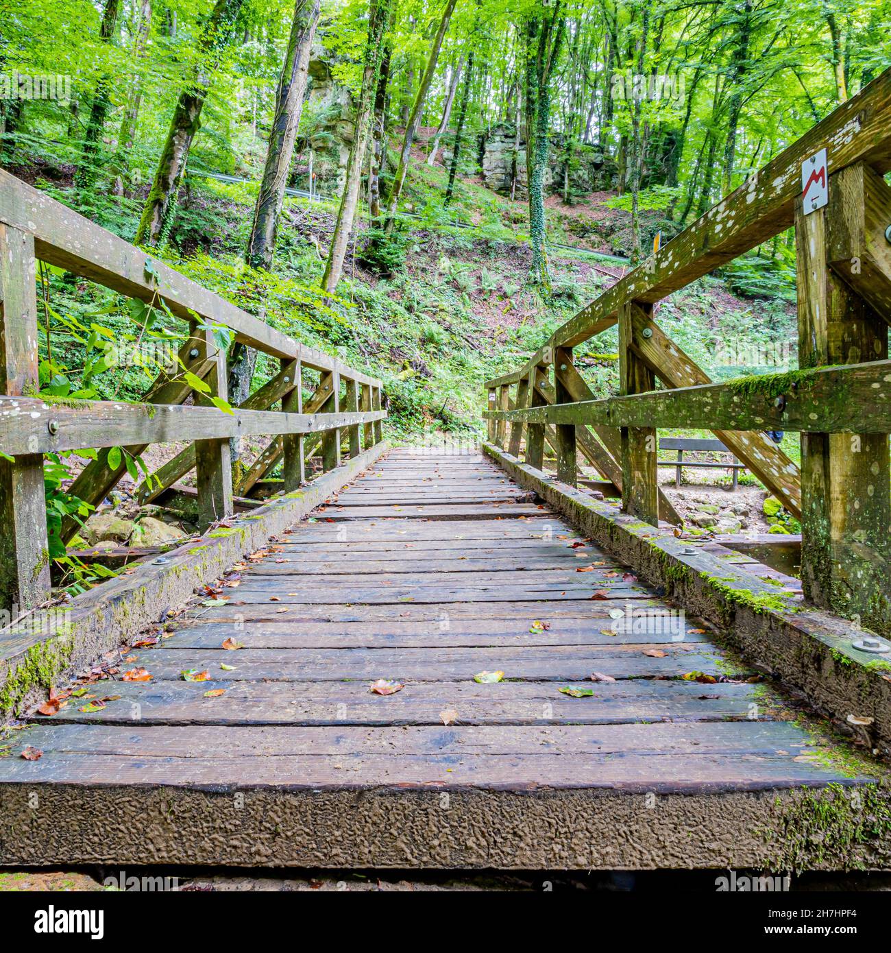 Wooden bridge with its walkway, fence and railing in the direction of a ...