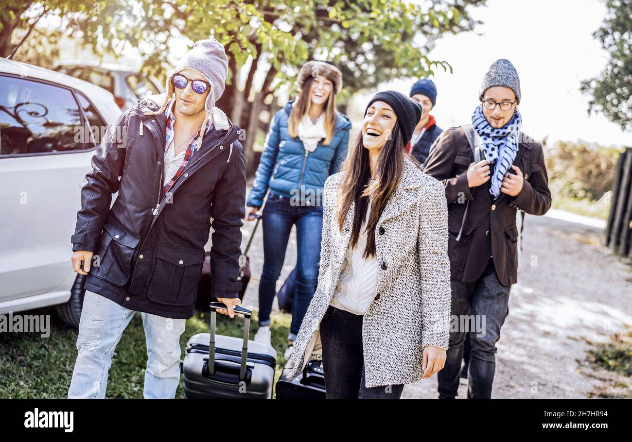 Best friends having fun together at car trip in winter time vacation on ...