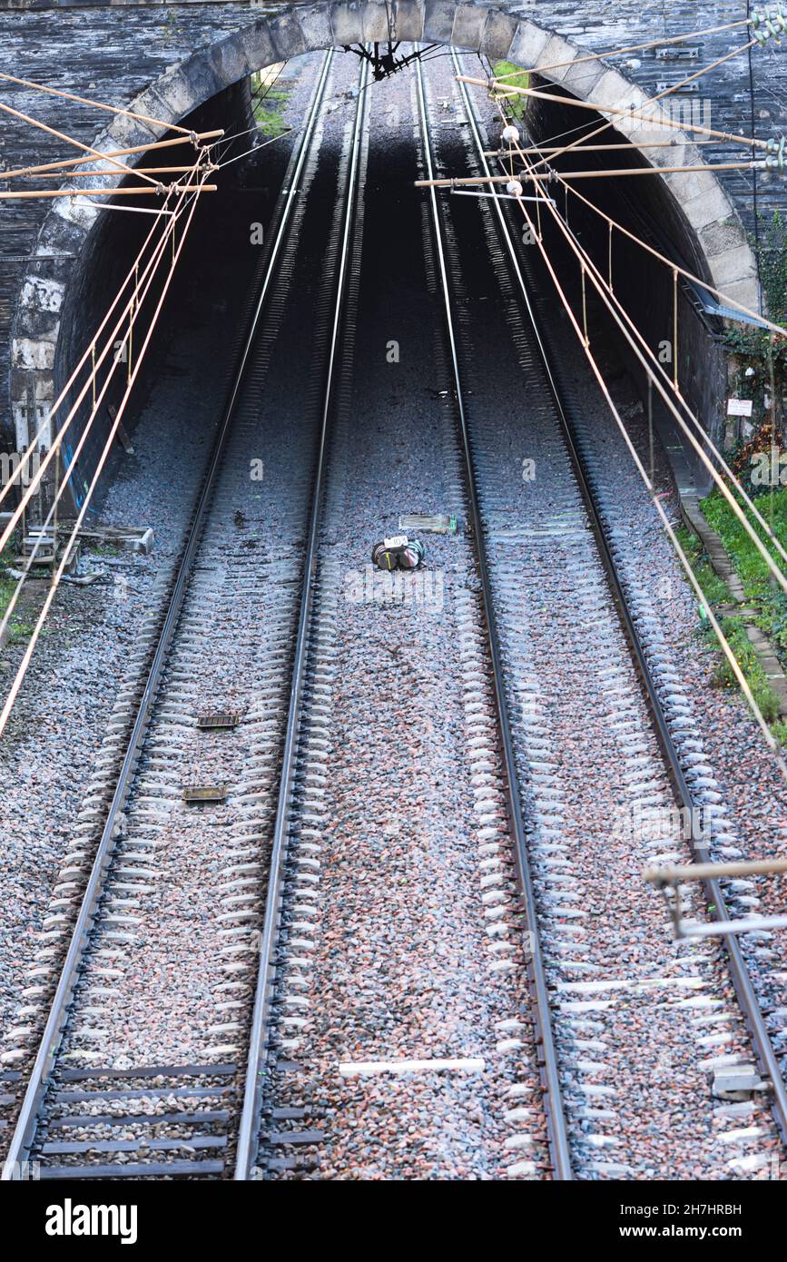 Tracks and railway infrastructure with a tunnel. Selective focus Stock ...