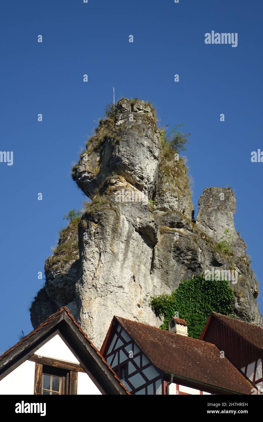 Famous rocks with lookout point Fahnenstein over traditional German ...