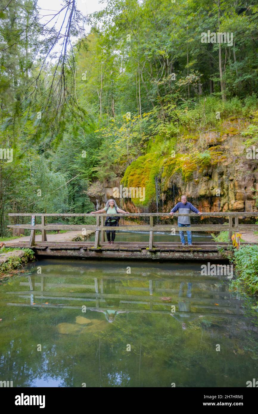 Woman on wooden bridge by pond in forest hi-res stock photography and ...
