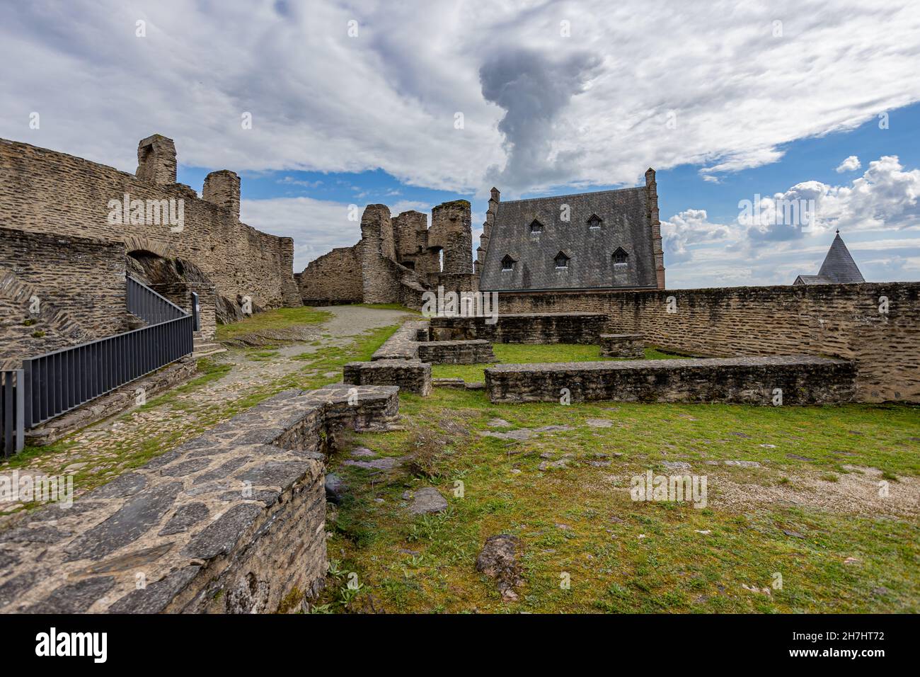 Lower courtyard of the upper part with dilapidated walls, roofs in the ...