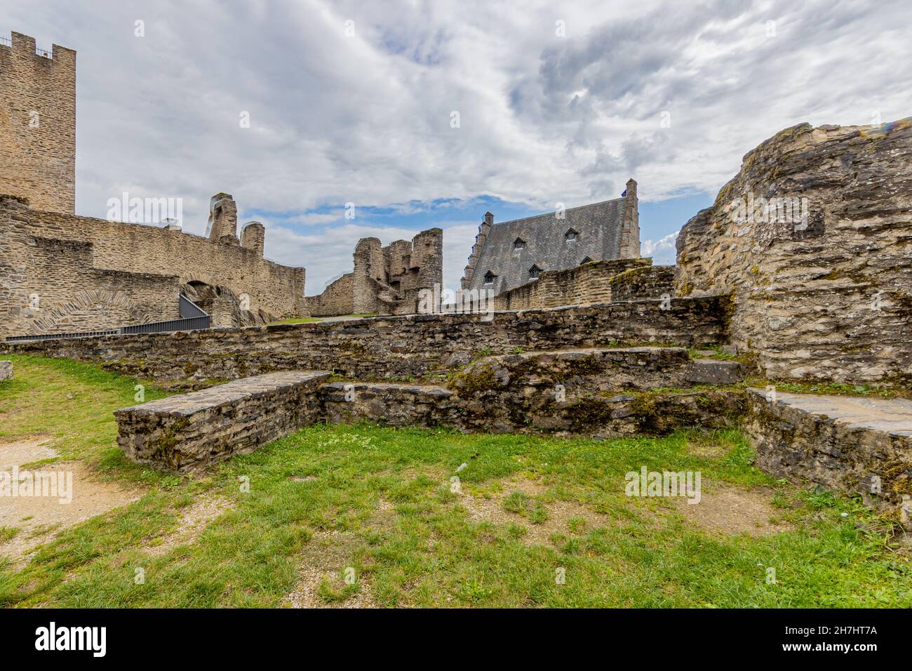 Open-air ruin at the medieval castle of Bourscheid, dilapidated stone ...
