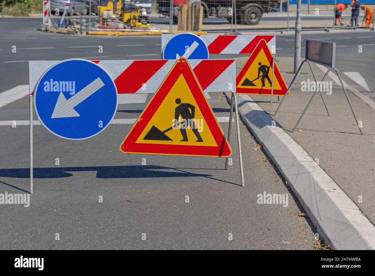 Road Works Directional Arrow Construction Site at City Street Stock ...