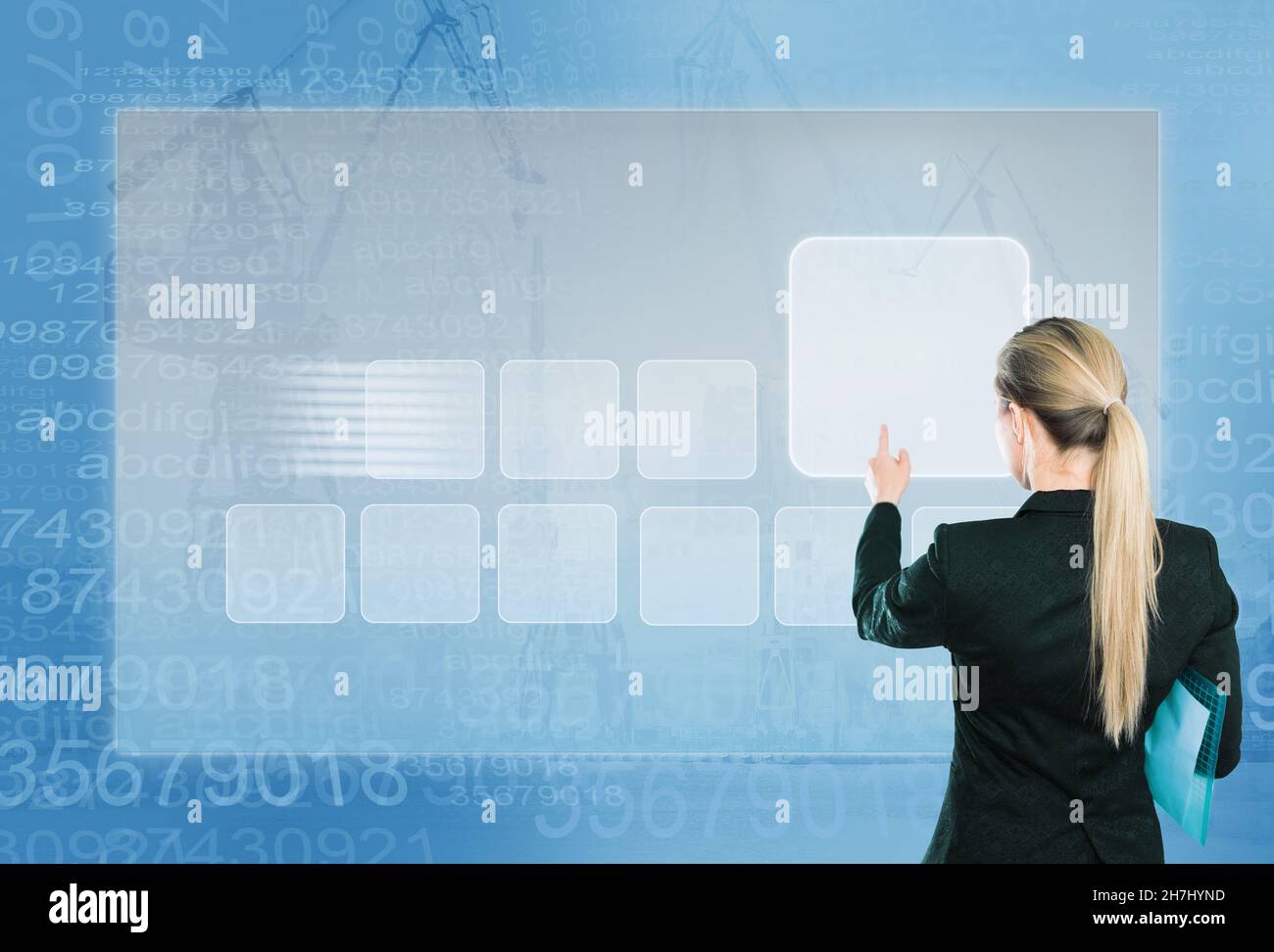 Businesswoman pressing virtual touchscreen Stock Photo - Alamy