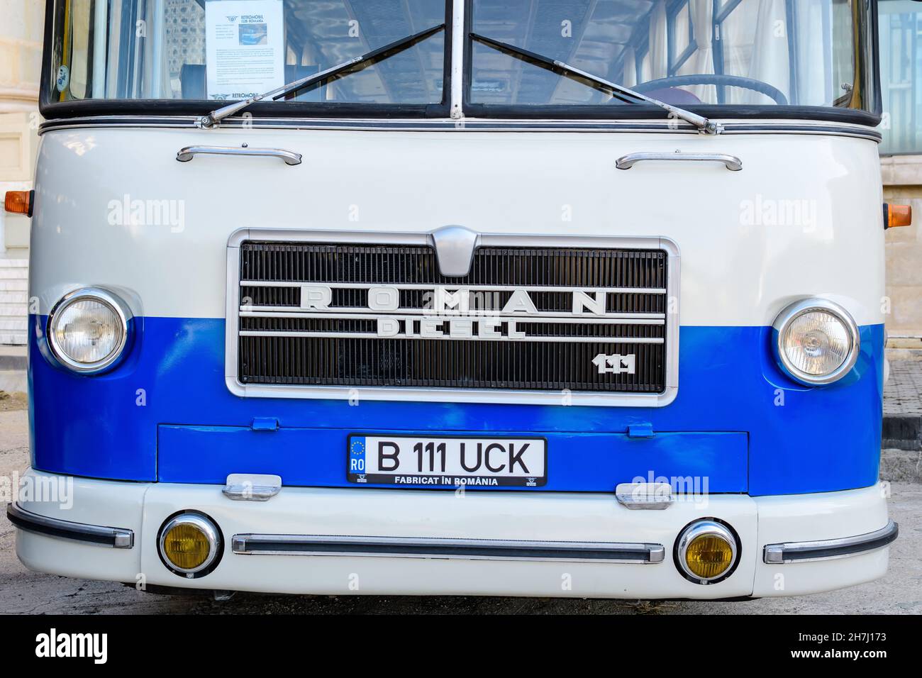 Bucharest, Romania, 2 October 2021: Old vivid blue and white Roman ...