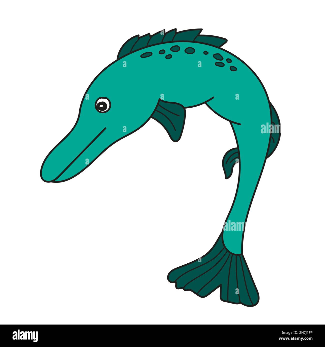 Simple cartoon icon. Stylized pike a long-bodied predatory freshwater ...
