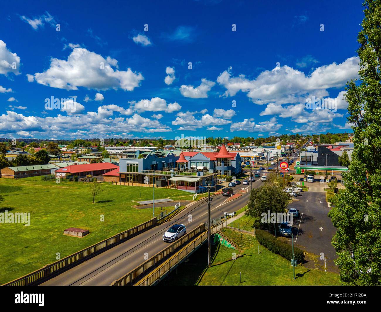 Aerial view of the town of Armidale with colorful buildings in ...