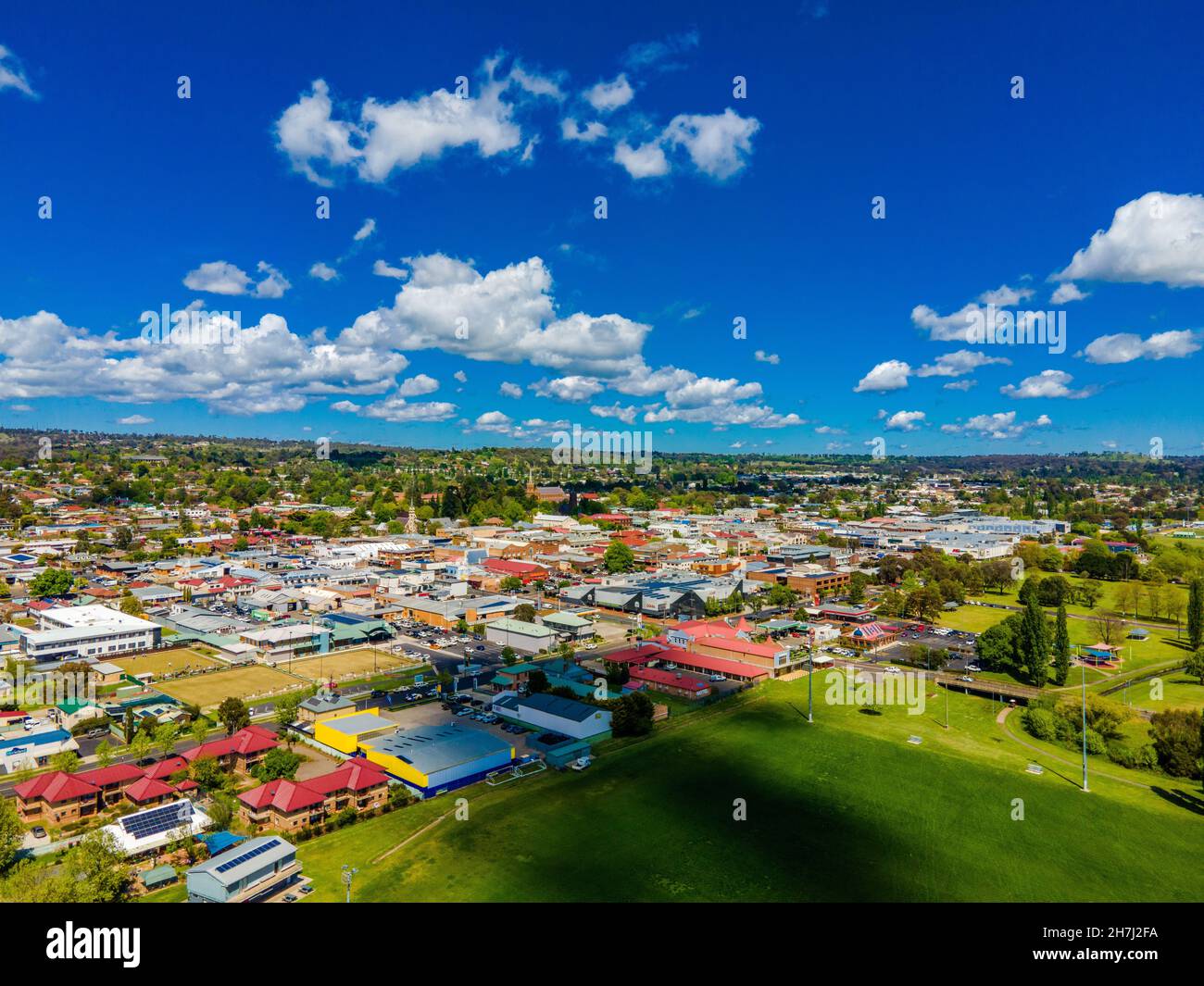 Aerial view of the town of Armidale with colorful buildings in ...