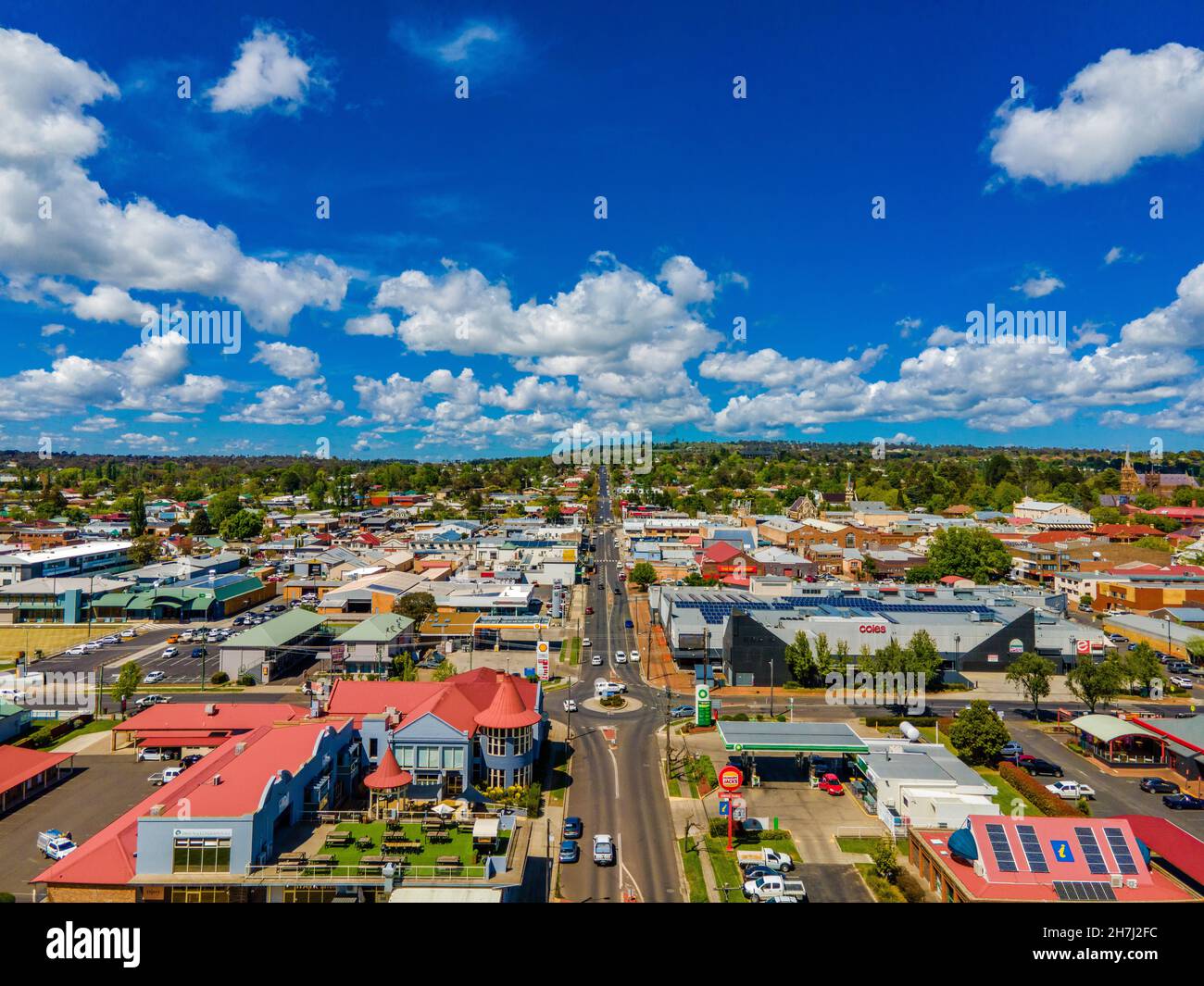 Aerial view of the town of Armidale with colorful buildings in ...