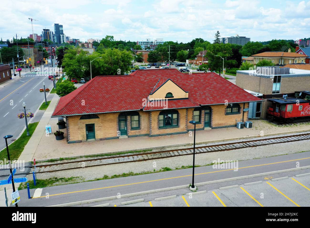 An aerial of the historic Waterloo Train Staion in Waterloo, Ontario ...