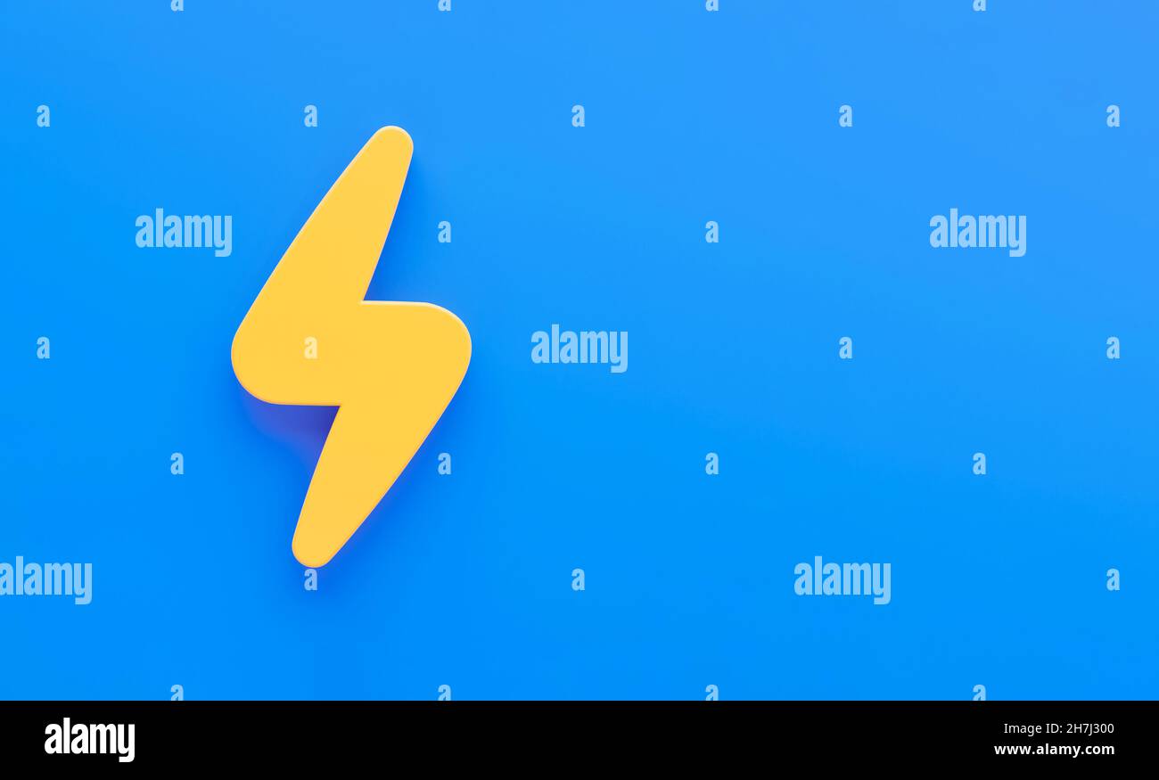 Yellow Thunder bolt Symbol in 3D rendering isolated on blue background ...