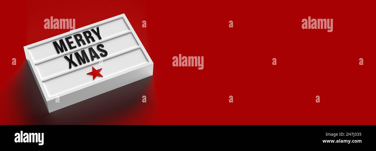 3D rendered light box with MERRY XMAS text message and a red star ...