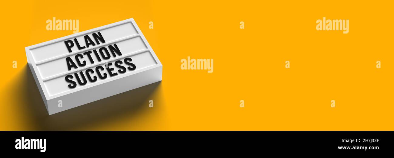 3D rendered light box with PLAN ACTION SUCCESS text message on yellow ...
