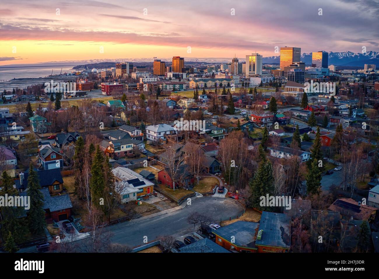Aerial view of the sunset sky over Downtown Anchorage, Alaska Stock ...