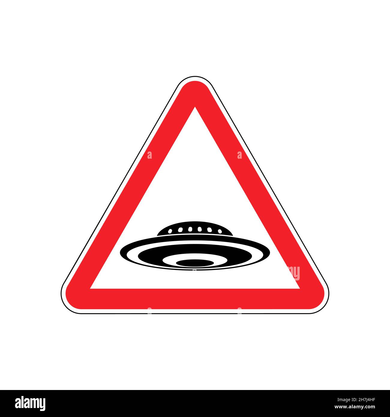 Attention UFO. Caution unknown flying objec. Red triangle road sign ...