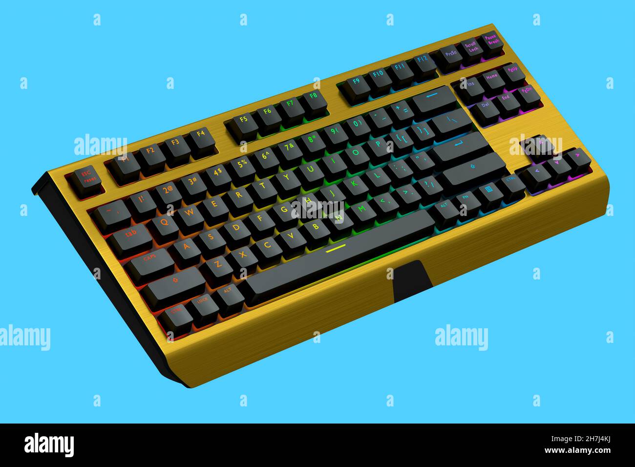 Yellow computer keyboard with rgb colors isolated on blue background ...