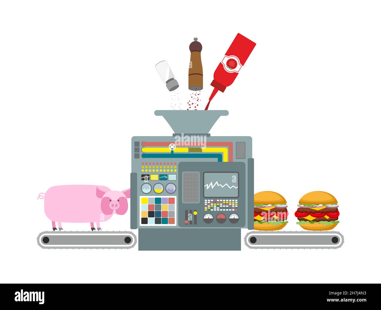 Burger production. Stages of hamburger production from pig. Conveyor ...