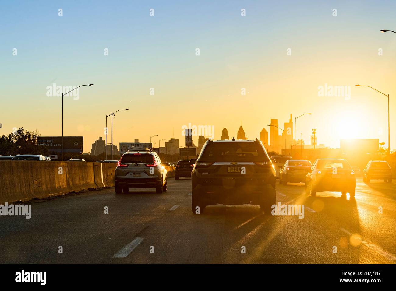 Traffic on highway Interstate 95 at sunset, Philadelphia Pennsylvania ...