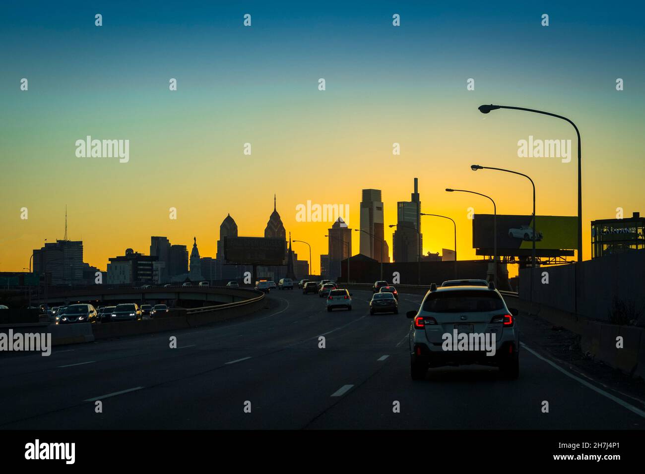 Traffic on highway Interstate 95 at sunset, Philadelphia Pennsylvania ...