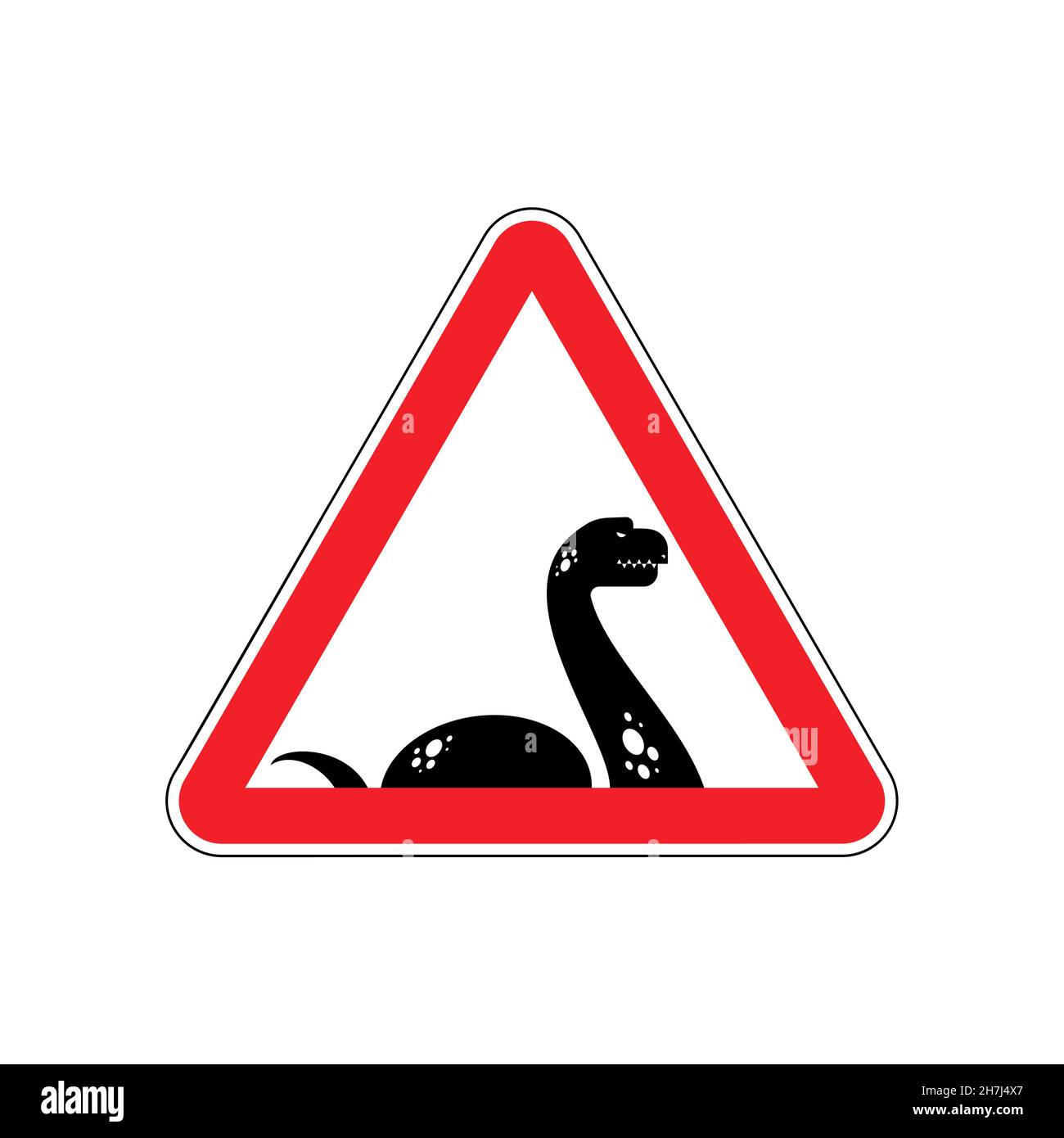 Attention Loch Ness monster. Caution Nessie. Red triangle road sign ...