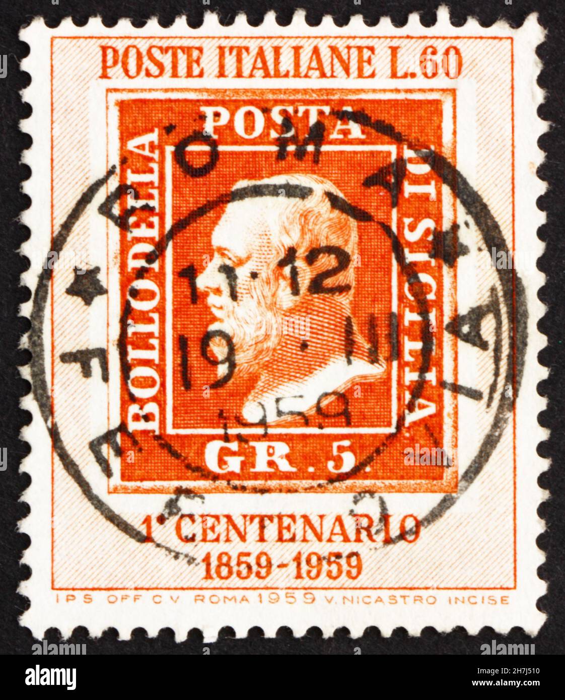 ITALY - CIRCA 1959: a stamp printed in the Italy shows Stamp of Sicily ...