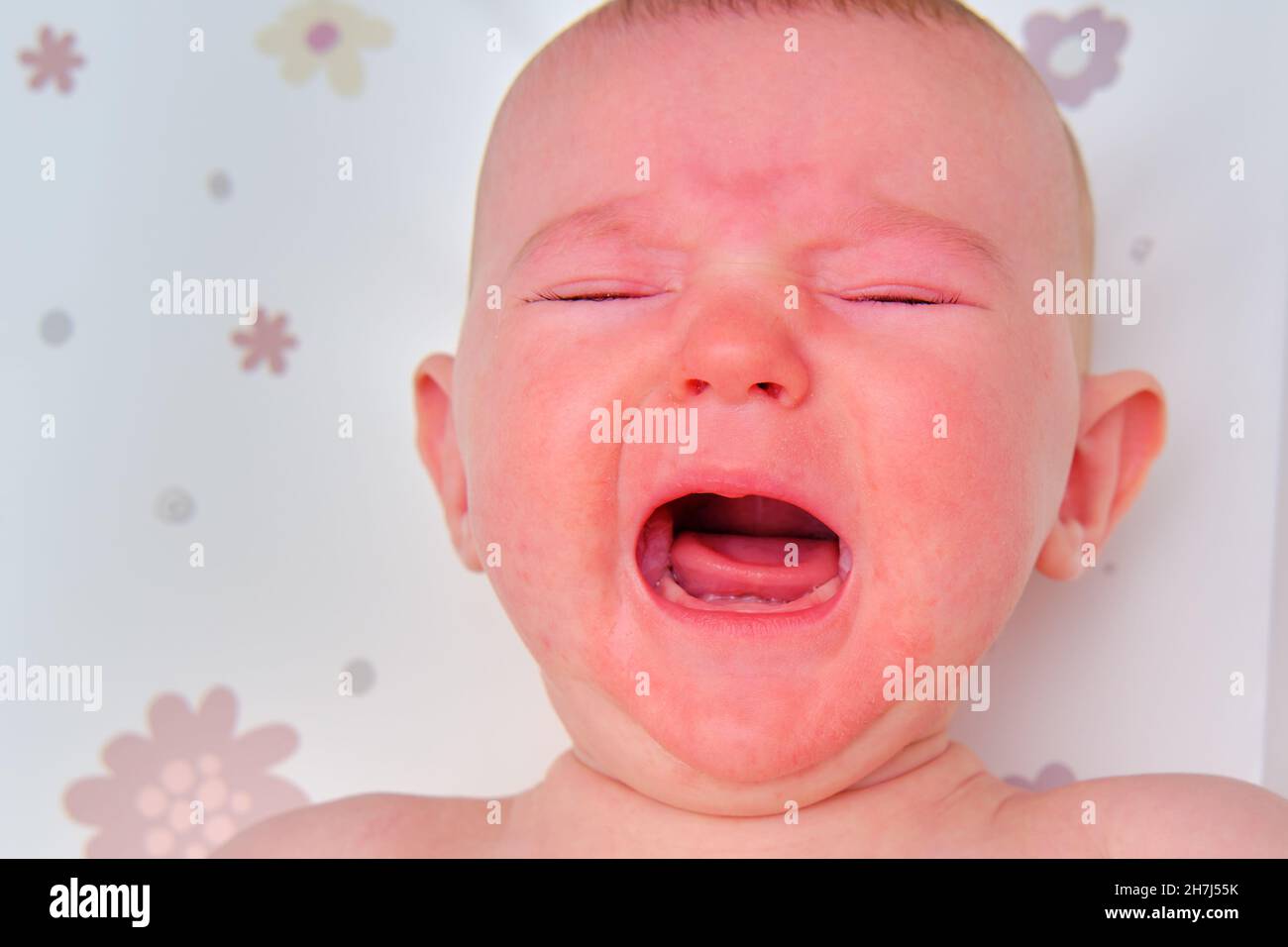 Crying Infant baby boy at the age of four months, close-up portrait ...